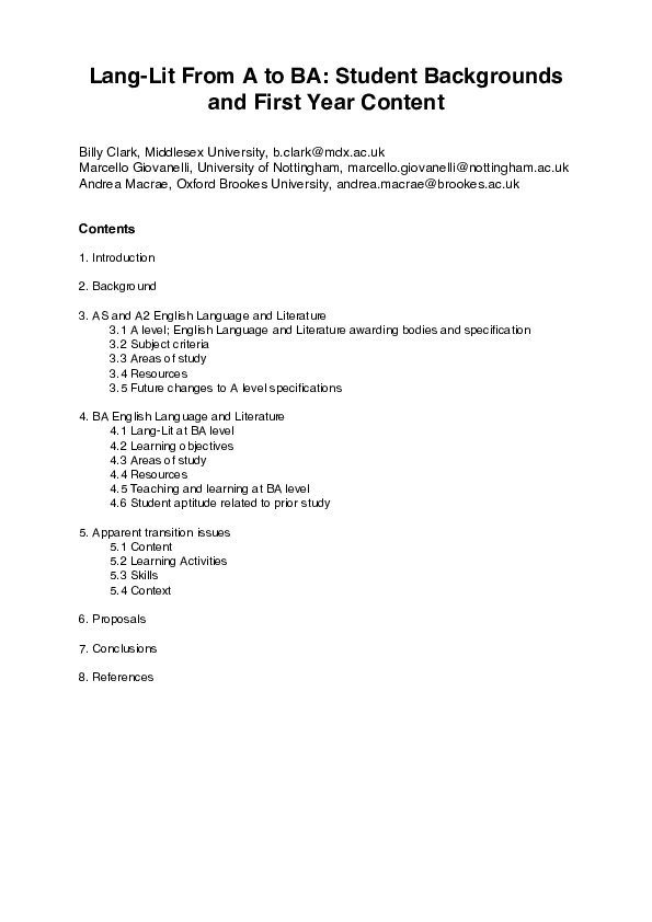(PDF) Lang-Lit from A to BA: student backgrounds and first year content