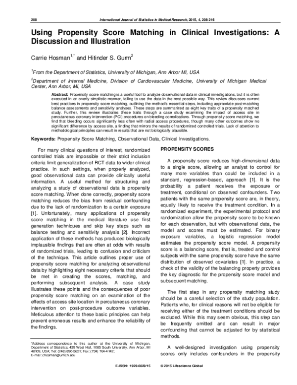 (PDF) Using Propensity Score Matching in Clinical Investigations: A ...