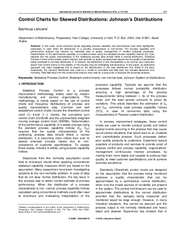 (PDF) Control Charts for Skewed Distributions: Johnson's Distributions