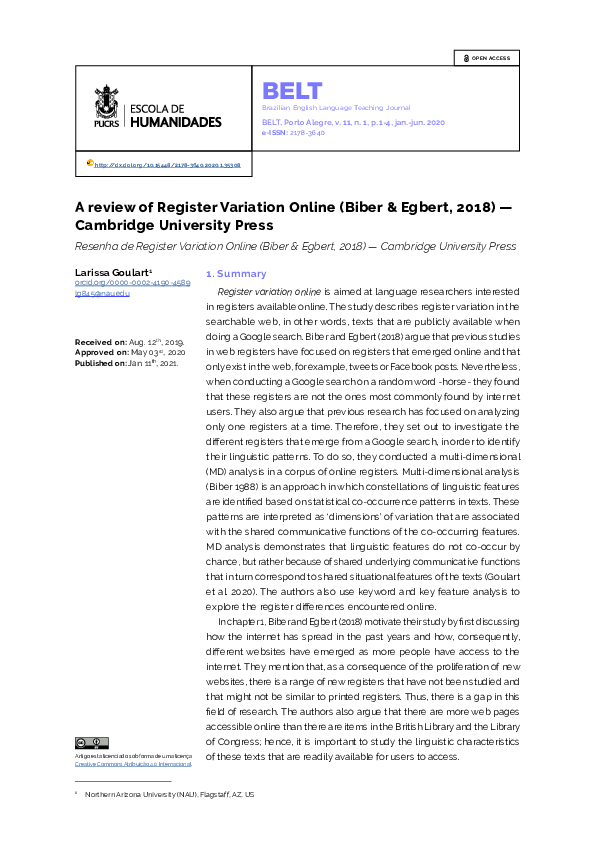 (PDF) A review of Register Variation Online (Biber & Egbert, 2018 ...
