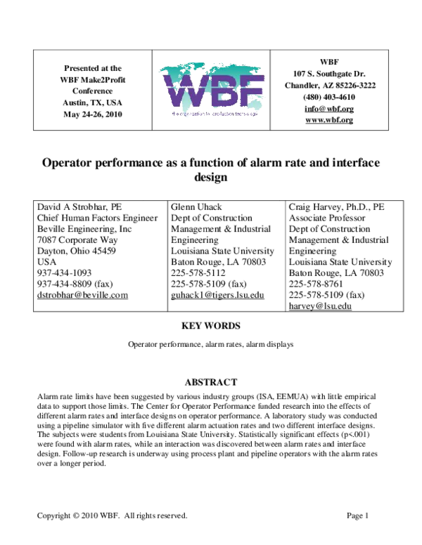 (PDF) Operator performance as a function of alarm rate and interface design