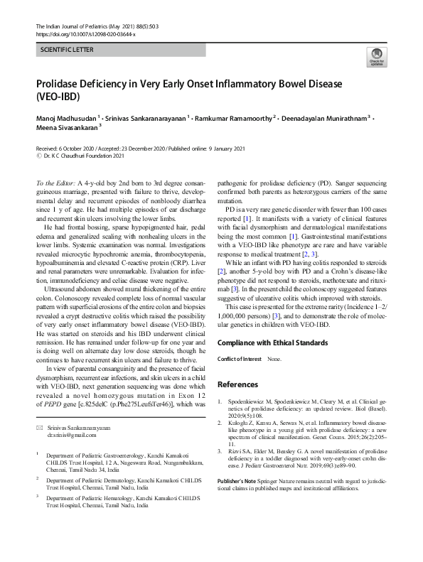 (PDF) Prolidase Deficiency in Very Early Onset Inflammatory Bowel ...