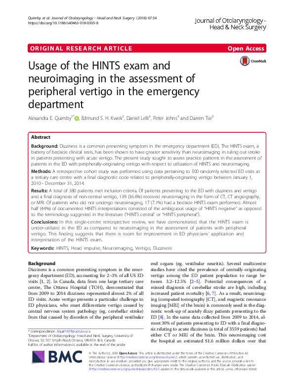 (PDF) Usage of the HINTS exam and neuroimaging in the assessment of ...
