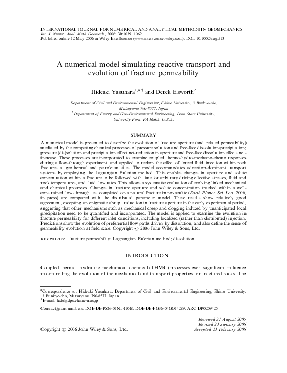 (PDF) A numerical model simulating reactive transport and evolution of fracture permeability