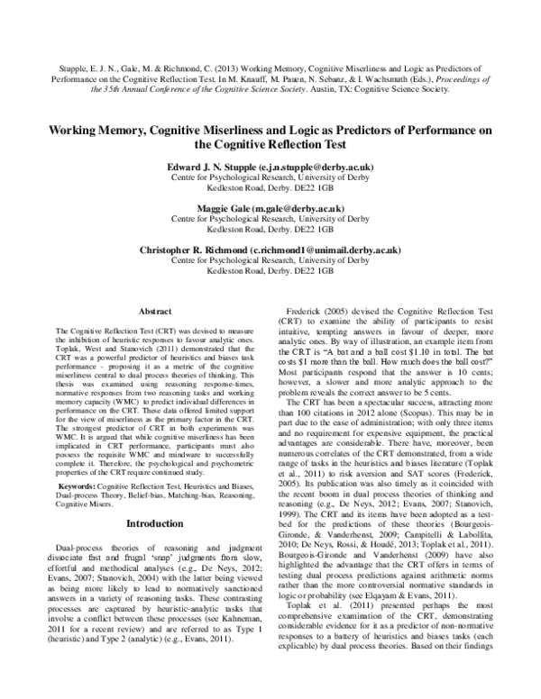 Pdf Working Memory Cognitive Miserliness And Logic As Predictors Of Performance On The
