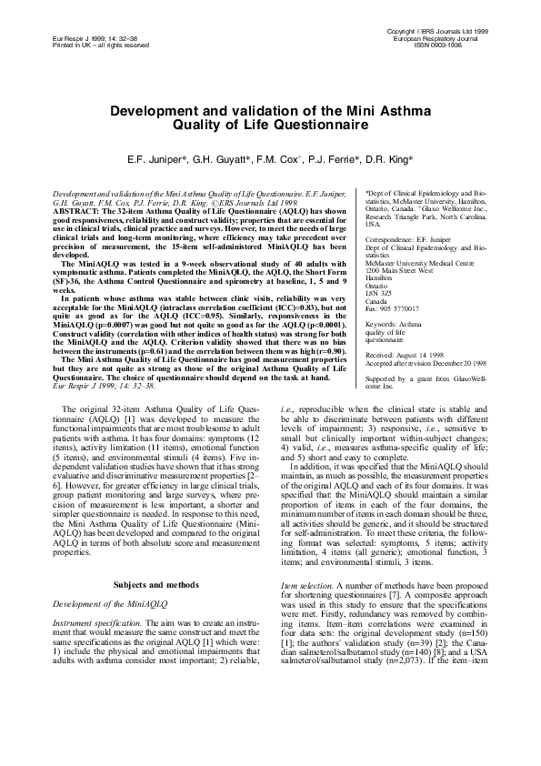(PDF) Development and validation of the mini asthma quality of life questionnaire