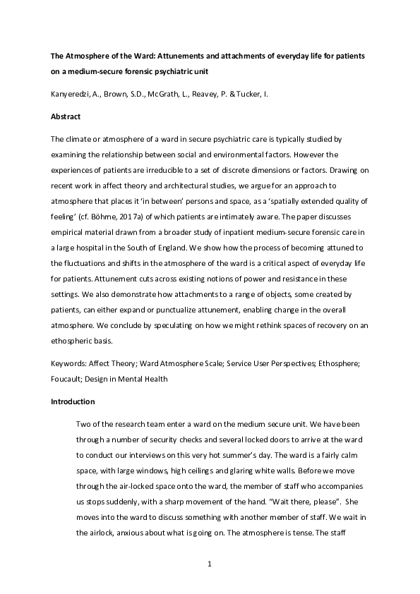 (PDF) The atmosphere of the ward: Attunements and attachments of ...