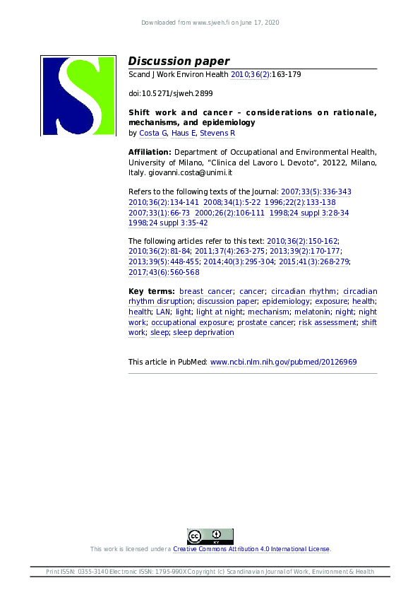 (PDF) Shift work and cancer – considerations on rationale, mechanisms ...