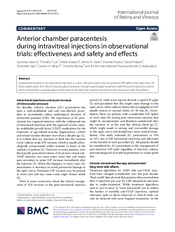 (PDF) Anterior chamber paracentesis during intravitreal injections in ...