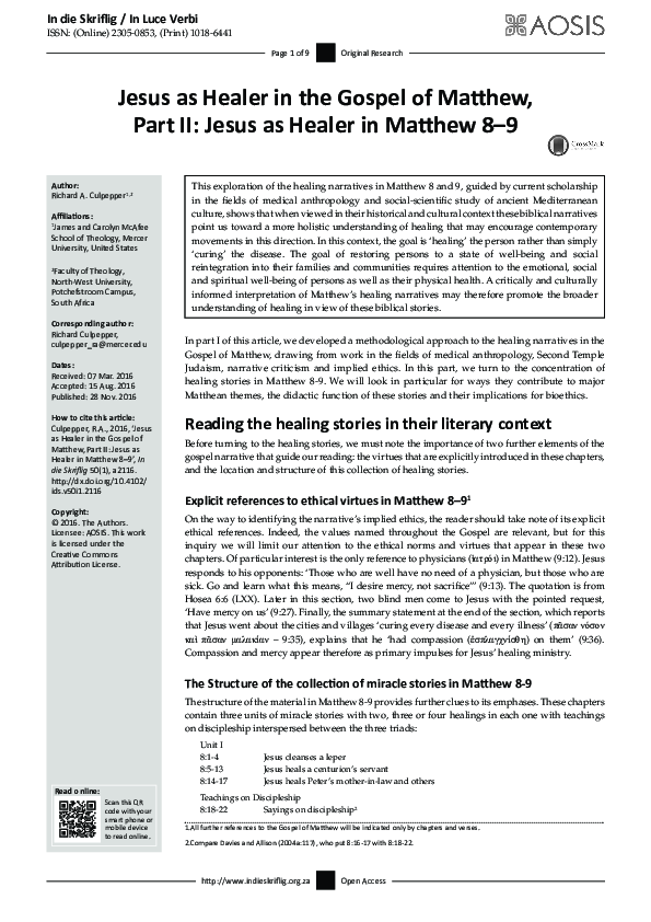 (PDF) Jesus as Healer in the Gospel of Matthew, Part II: Jesus as ...