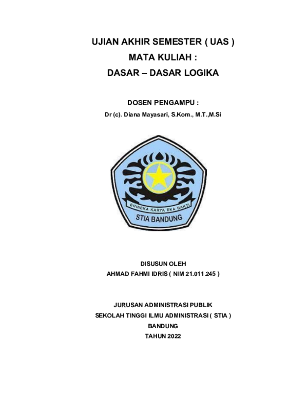 (DOC) Tugas ( UAS ) MATA KULIAH : DASAR -DASAR LOGIKA DOSEN PENGAMPU