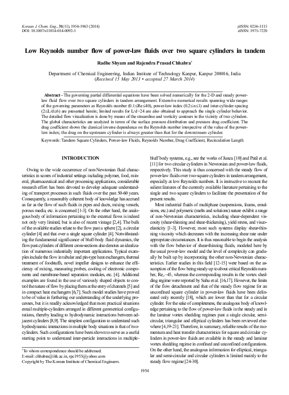 (PDF) Low Reynolds number flow of power-law fluids over two square cylinders in tandem