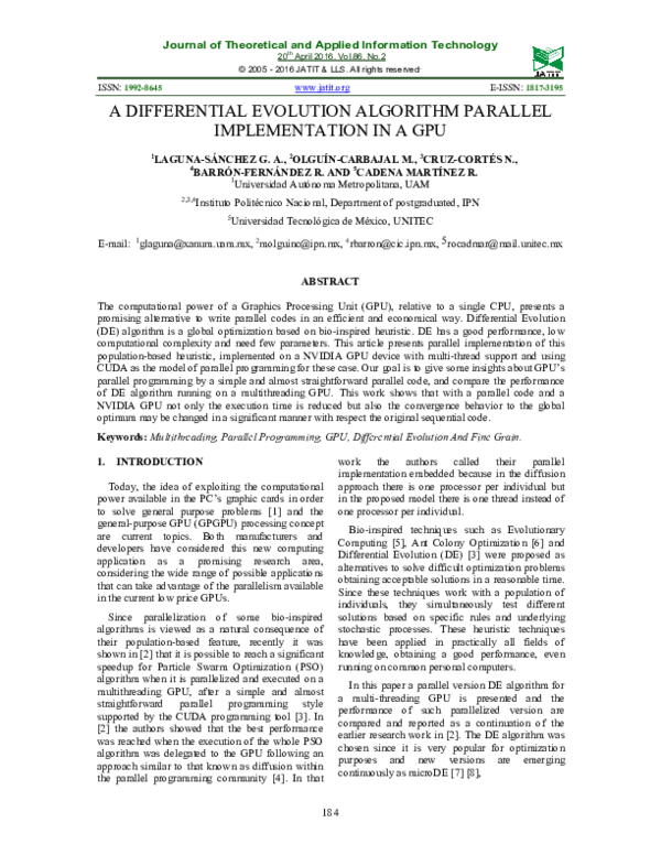 Pdf A Differential Evolution Algorithm Parallel Implementation In A Gpu 