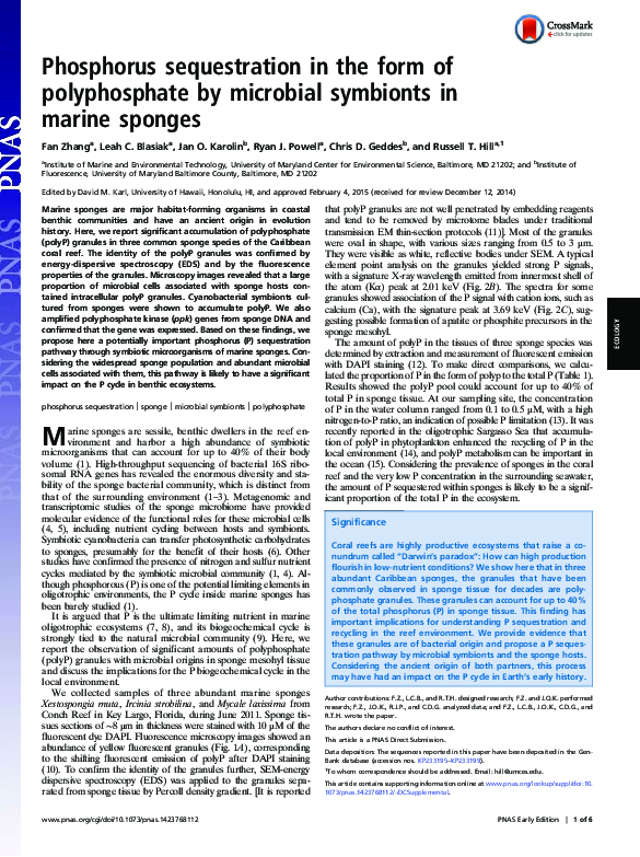 (PDF) Phosphorus sequestration in the form of polyphosphate by microbial symbionts in marine sponges