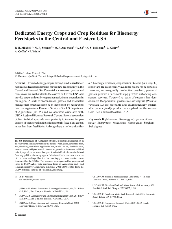 (PDF) Dedicated Energy Crops and Crop Residues for Bioenergy Feedstocks ...