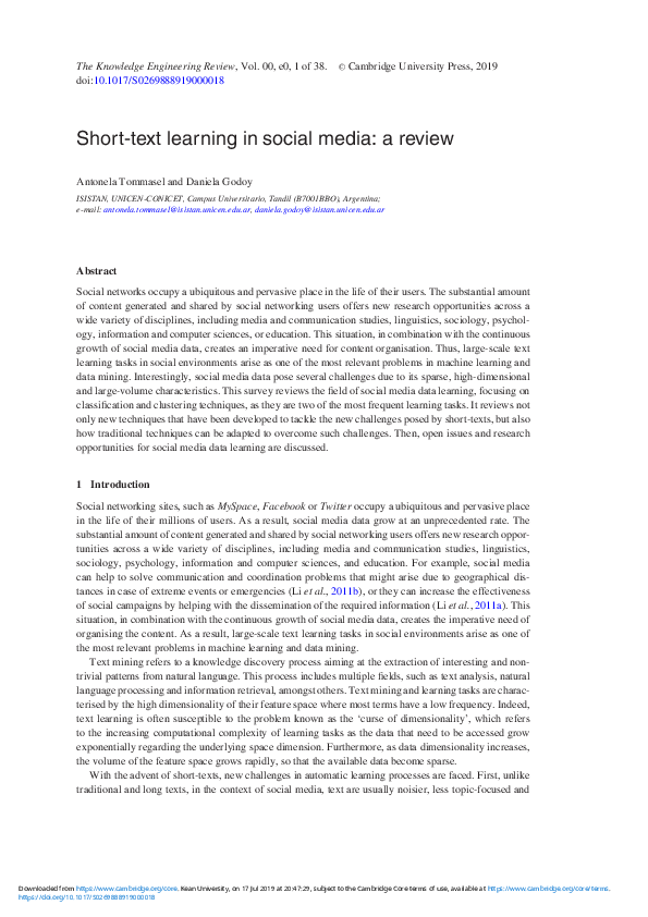 (PDF) Short-text learning in social media: a review | Daniela Godoy ...