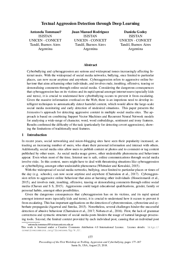 (PDF) Textual Aggression Detection through Deep Learning