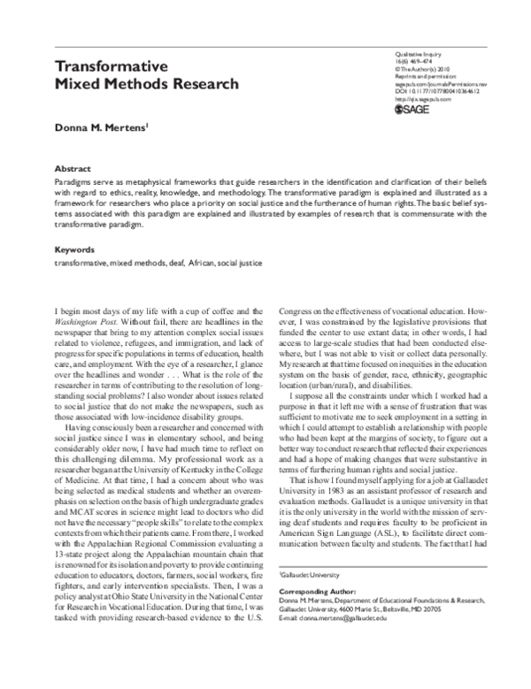 Pdf Transformative Mixed Methods Research