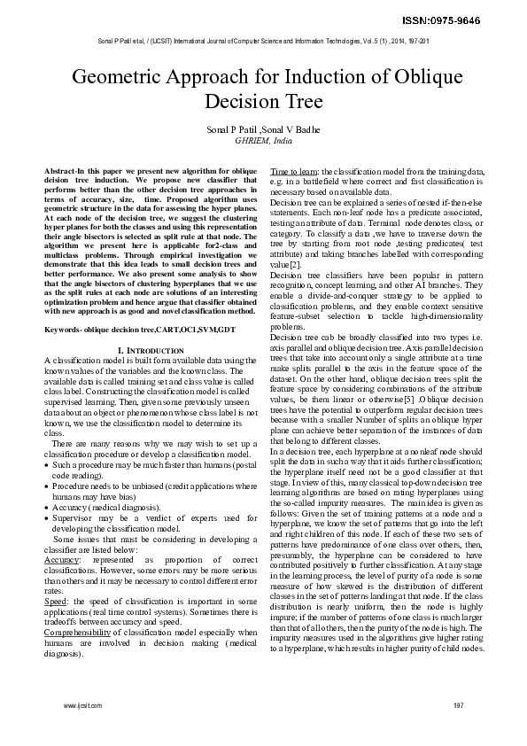 (PDF) Geometric Approach for Induction of Oblique Decision Tree (PDF) Geometric Approach for Induction of Oblique Decision Tree
