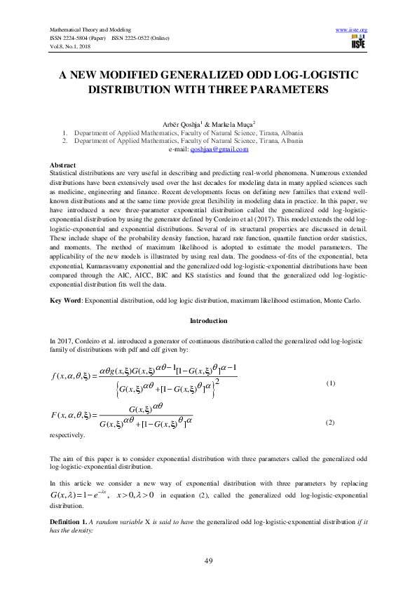 (PDF) A New Modified Generalized Odd Log-Logistic Distribution with Three Parameters | Markela ...