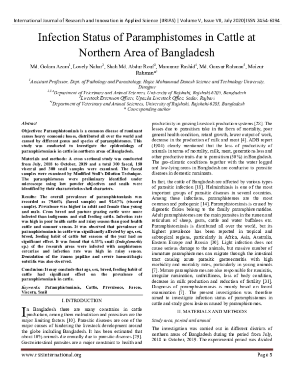 (PDF) Infection Status of Paramphistomes in Cattle at Northern Area of ...