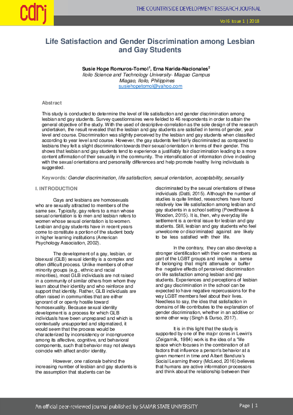 (PDF) Life Satisfaction and Gender Discrimination among Lesbian and Gay ...