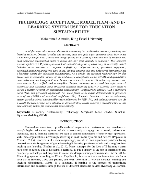 (PDF) Technology Acceptance Model (TAM) and E-Learning System Use for ...