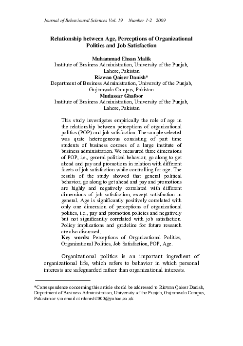 (PDF) Relationship between age, perceptions of organizational politics and job satisfaction