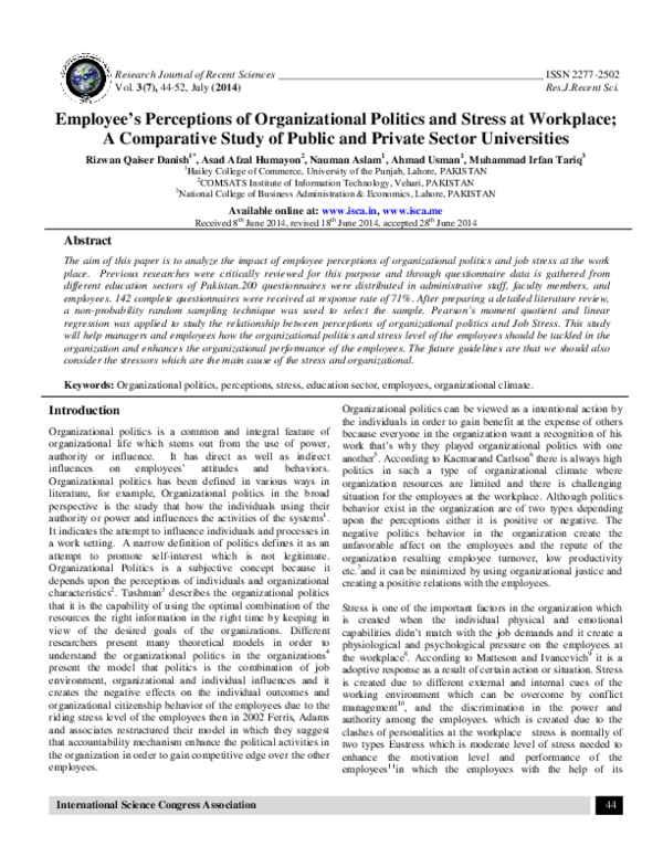 (PDF) Employee’s Perceptions of Organizational Politics and Stress at Workplace; A Comparative ...