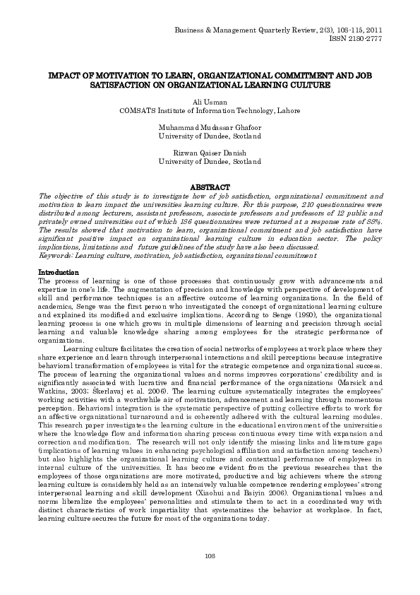 (PDF) Impact of motivation to learn, organizational commitment and job ...