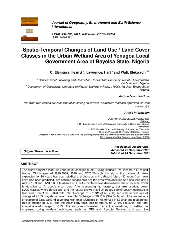 (PDF) Spatio-Temporal Changes of Land Use / Land Cover Classes in the Urban Wetland Area of ...