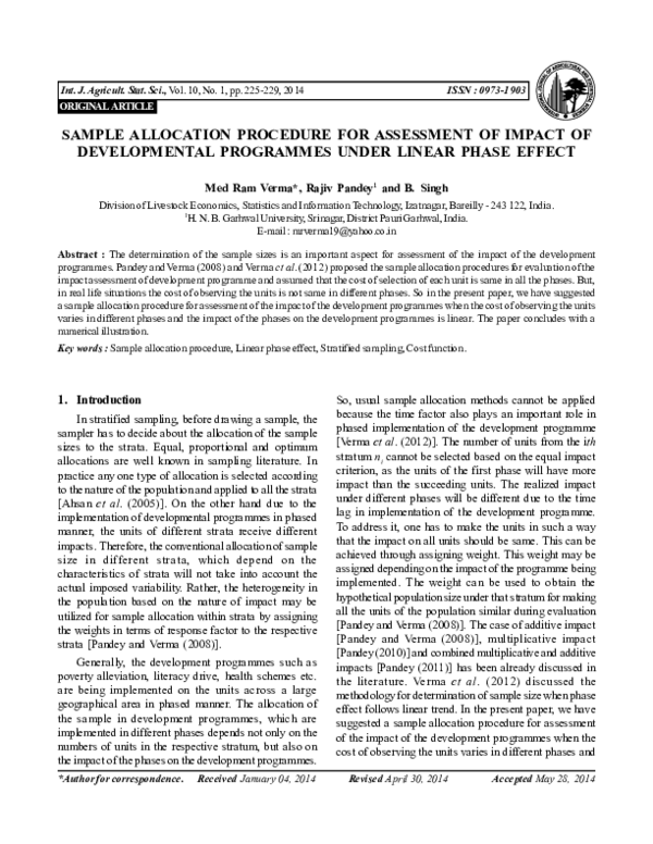 (PDF) Sample Allocation Procedure for Assessment of Impact of Developmental Programmes Under ...