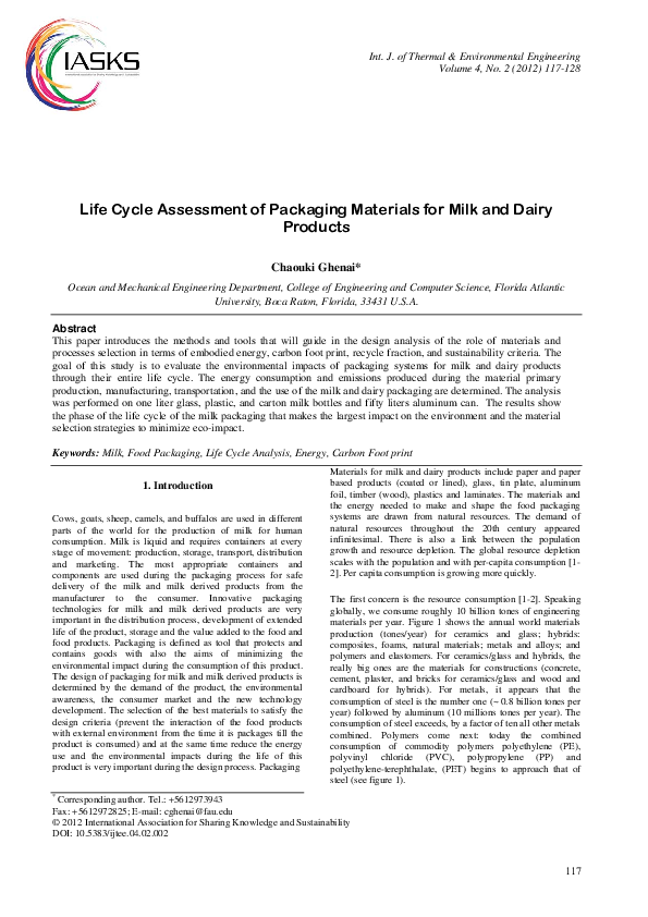 (PDF) Life cycle assessment of Packaging Materials for Milk and Dairy ...