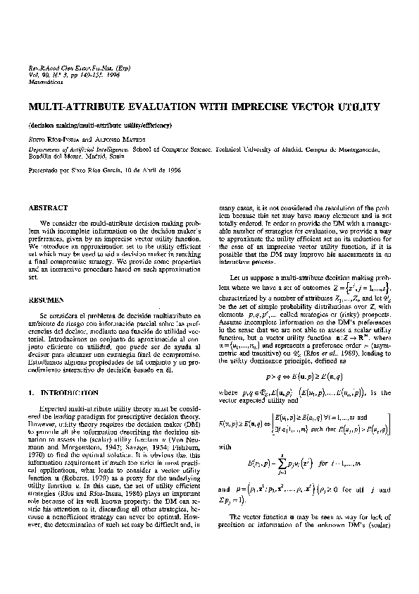 (PDF) Multi·Attribute Evaluation with Imprecise Vector Utility