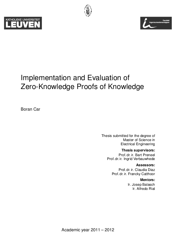 (PDF) Implementation and Evaluation of Zero-Knowledge Proofs of Knowledge Boran Car