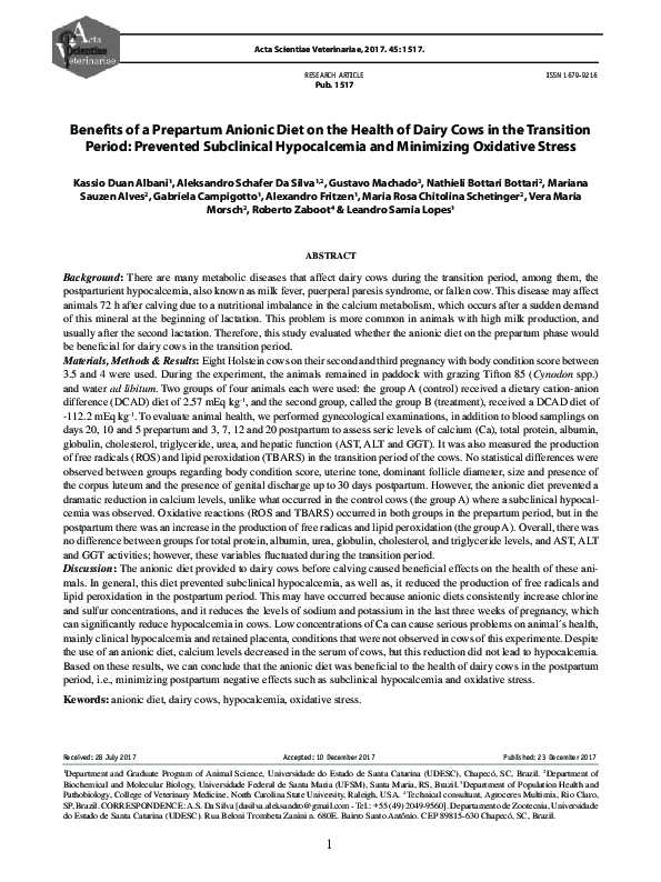 (PDF) Benefits of a prepartum anionic diet on the health of dairy cows ...
