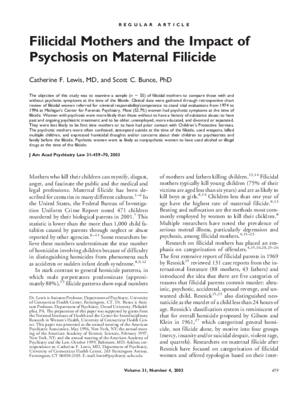 (PDF) Filicidal mothers and the impact of psychosis on maternal filicide
