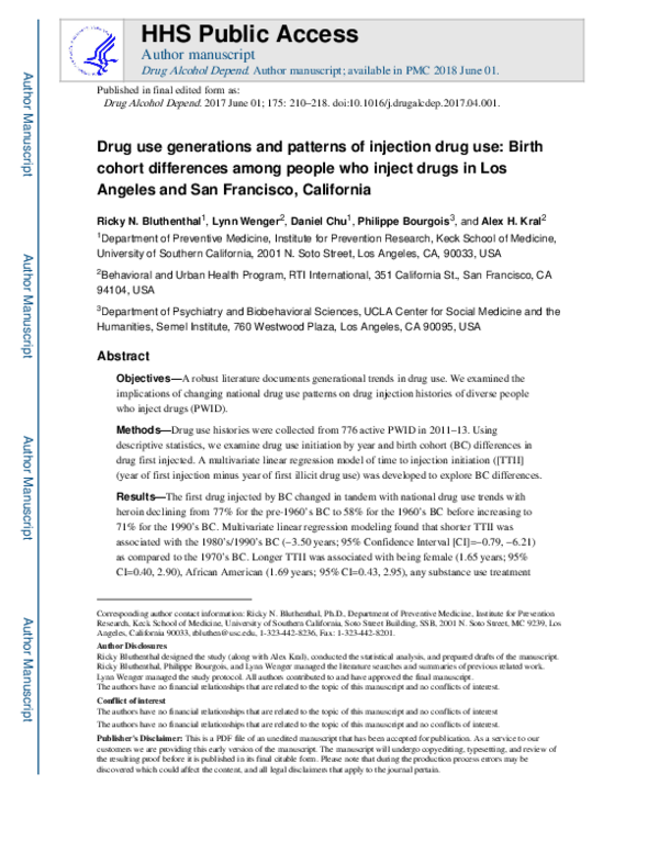 (PDF) Drug use generations and patterns of injection drug use: Birth ...