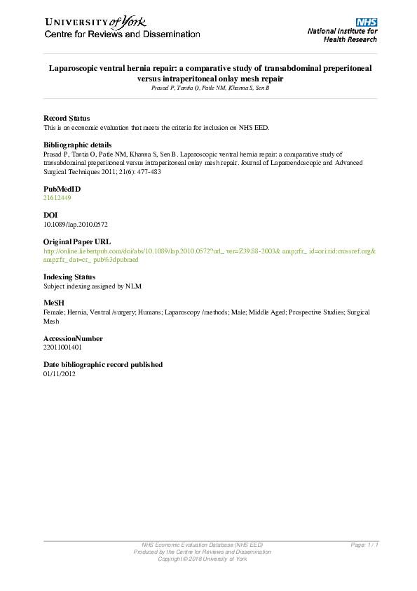 (PDF) Laparoscopic Ventral Hernia Repair: A Comparative Study of Transabdominal Preperitoneal ...