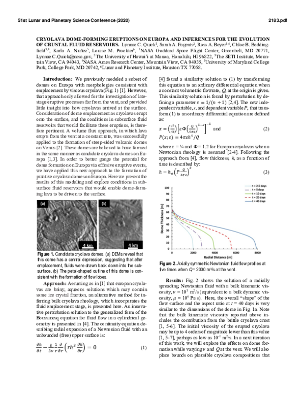 (PDF) Cryolava Dome-Forming Eruptions on Europa and Inferences for the ...