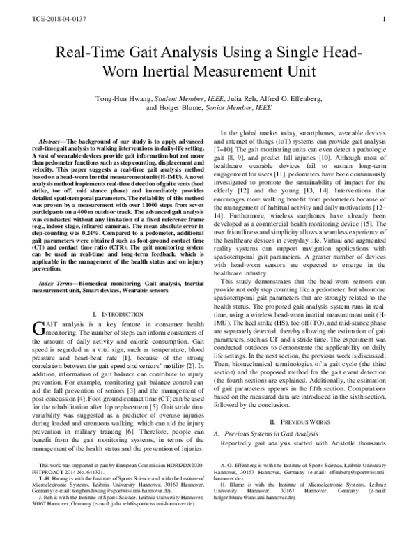 (PDF) Real-Time Gait Analysis Using a Single Head-Worn Inertial Measurement Unit