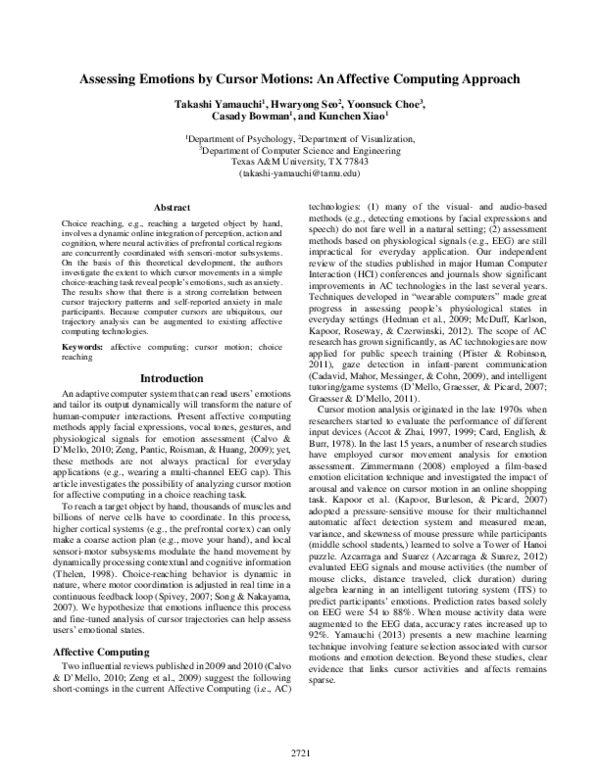 (PDF) Assessing Emotions by Cursor Motions: An Affective Computing Approach