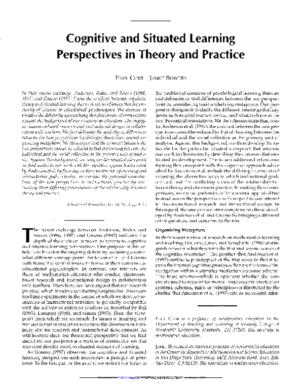 (PDF) Cognitive and Situated Learning Perspectives in Theory and Practice