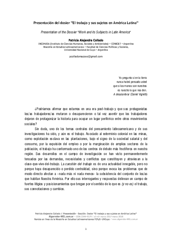 (PDF) Presentación del dosier “El trabajo y sus sujetos en América ...