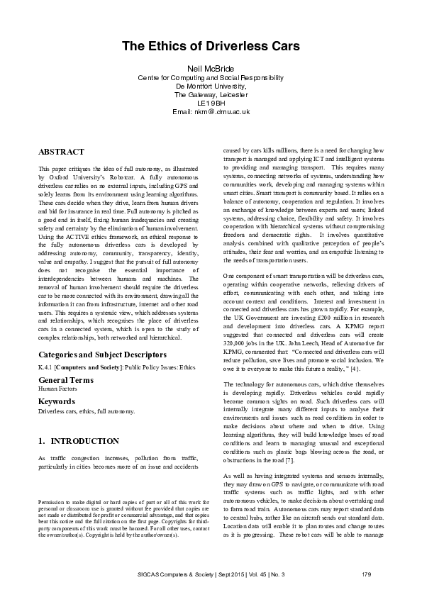 (PDF) The ethics of driverless cars