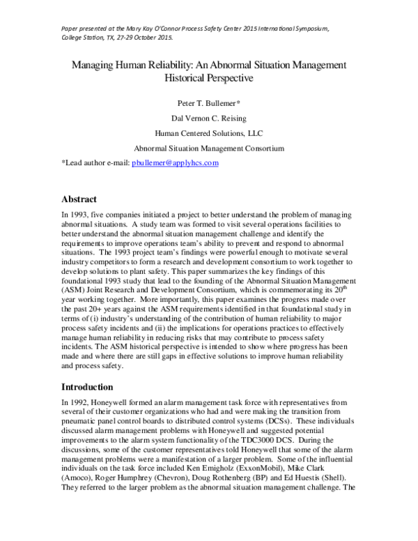 (PDF) Managing Human Reliability: An Abnormal Situation Management ...