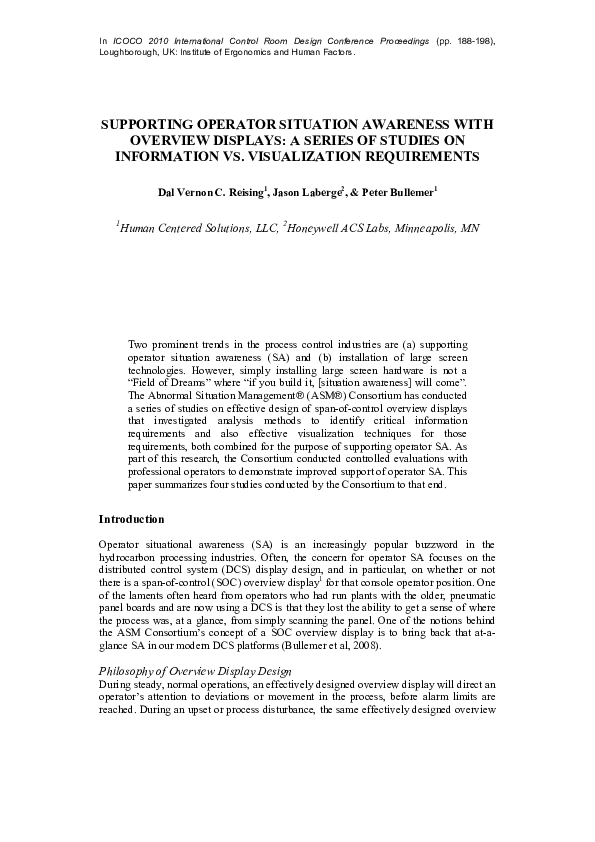 (PDF) Supporting Operator Situation Awareness with Overview Displays ...