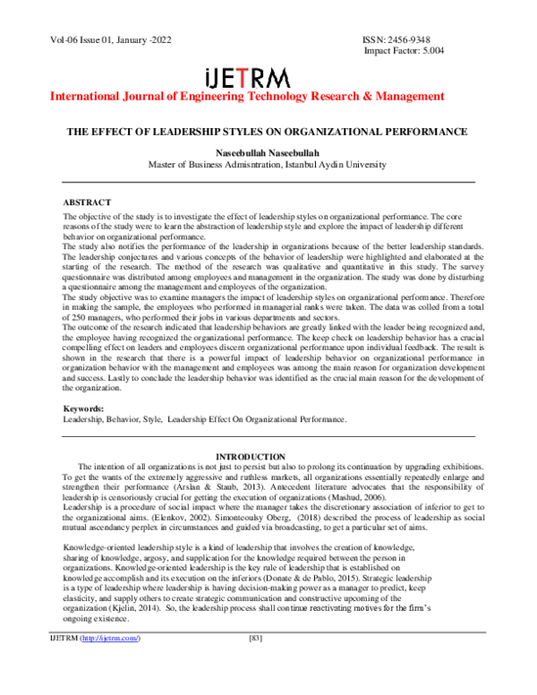 (PDF) THE EFFECT OF LEADERSHIP STYLES ON ORGANIZATIONAL PERFORMANCE