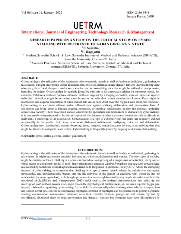 (PDF) RESEARCH PAPER ON A STUDY ON THE CRITICAL STUDY ON CYBER STALKING ...