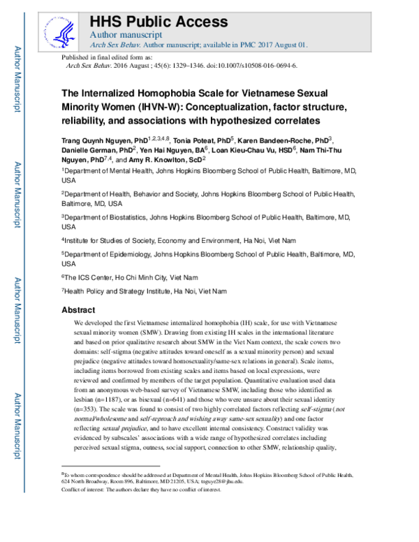 (PDF) The Internalized Homophobia Scale for Vietnamese Sexual Minority ...